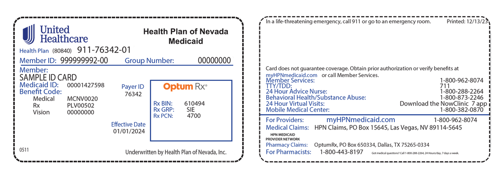 Tarjeta de Identificación de Health Plan of Nevada - Un miembro