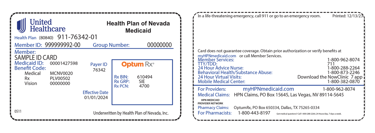 Tarjeta de Identificación de Health Plan of Nevada - Un miembro