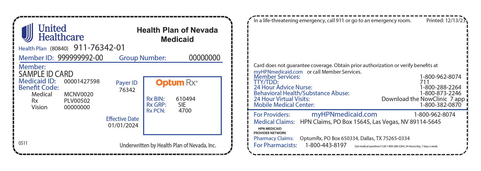 Tarjeta de Identificación de Health Plan of Nevada - Un miembro