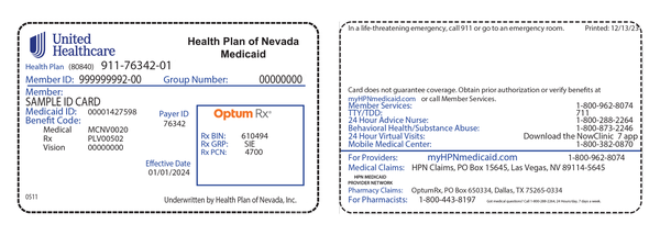 Tarjeta de Identificación de Health Plan of Nevada - Un miembro
